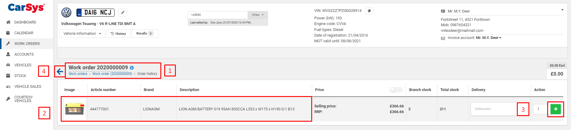 Previously ordered parts (work order) – CarSys